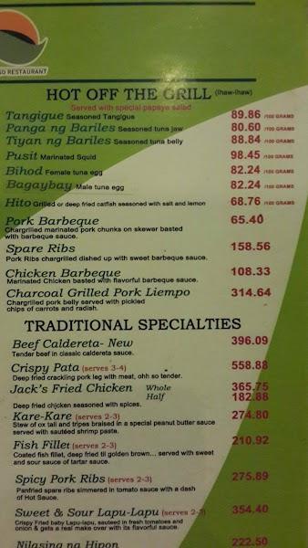 Menu at Jack's Ridge restaurant, Davao City
