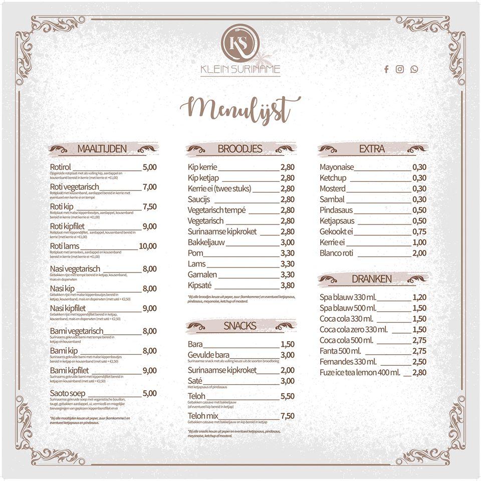 Menu at Klein Suriname, Gouda