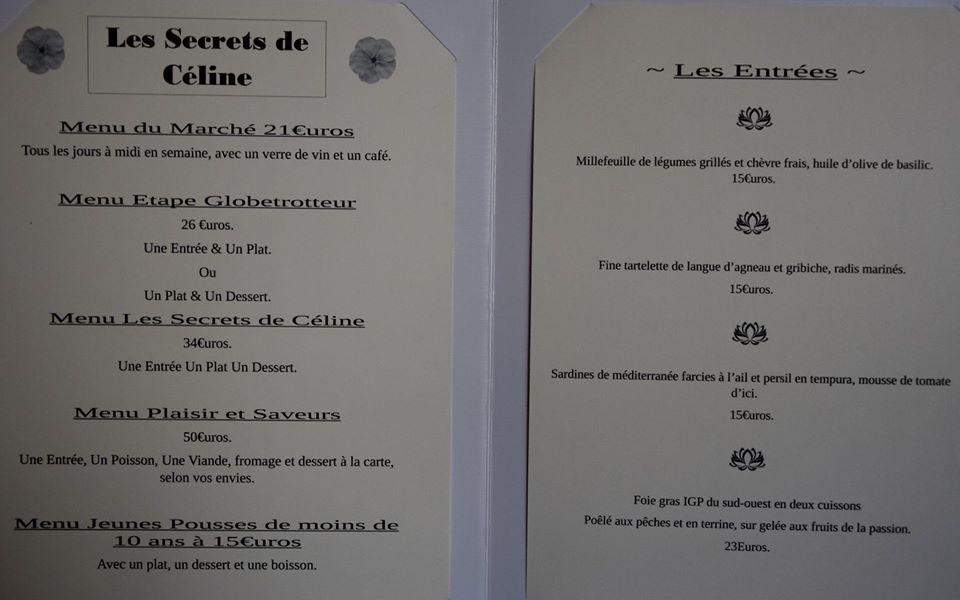 Menu at Les Secrets de Celine restaurant, Lézan