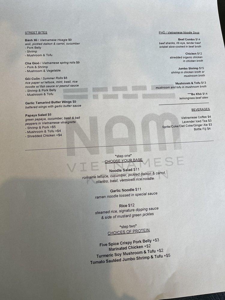 Menu at NAM Vietnamese Kitchen restaurant, Philadelphia
