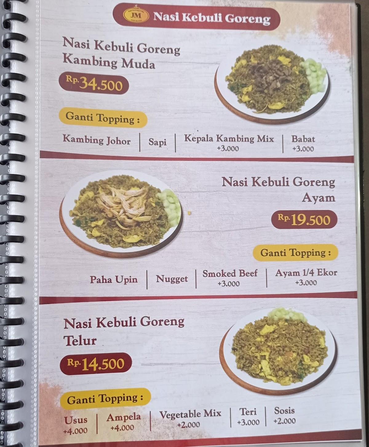 Menu at Nasi Goreng Kebuli JM & Mie Johor restaurant, Semarang