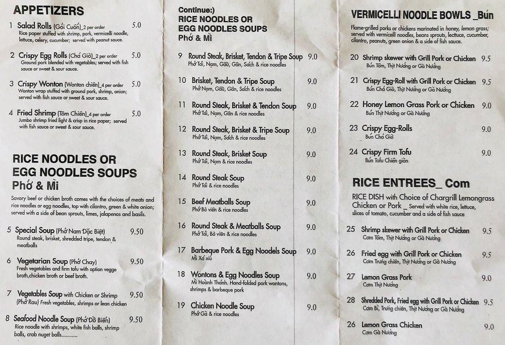 Menu at Pho Nam restaurant, Beaverton, SW Barrows Rd