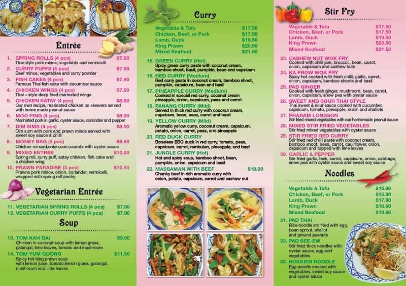 Menu at Sulee Thai restaurant, Rutherford