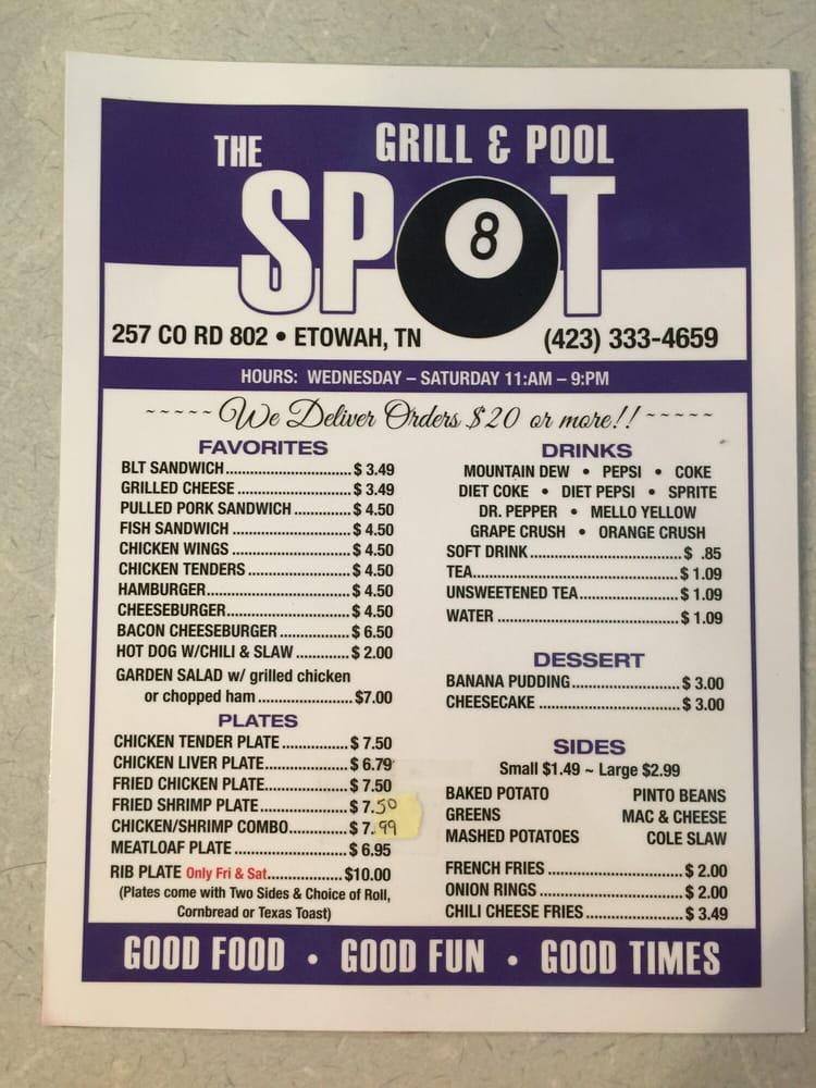 Menu at The Spot Grill restaurant, Etowah