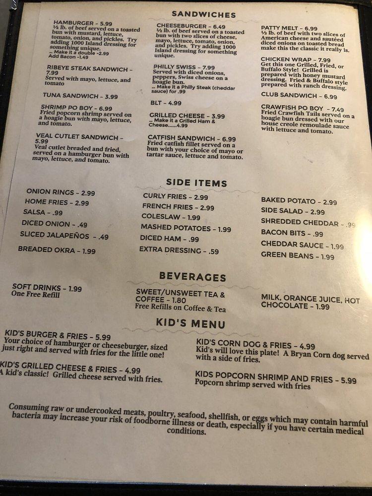 Menu at Tin Lizzie Cafe, West Point, US-45 ALT