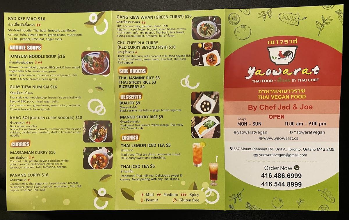 Menu at Yaowarat restaurant, Toronto