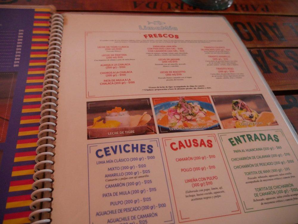 Menu at Comedor de los Milagros restaurant, Mexico City