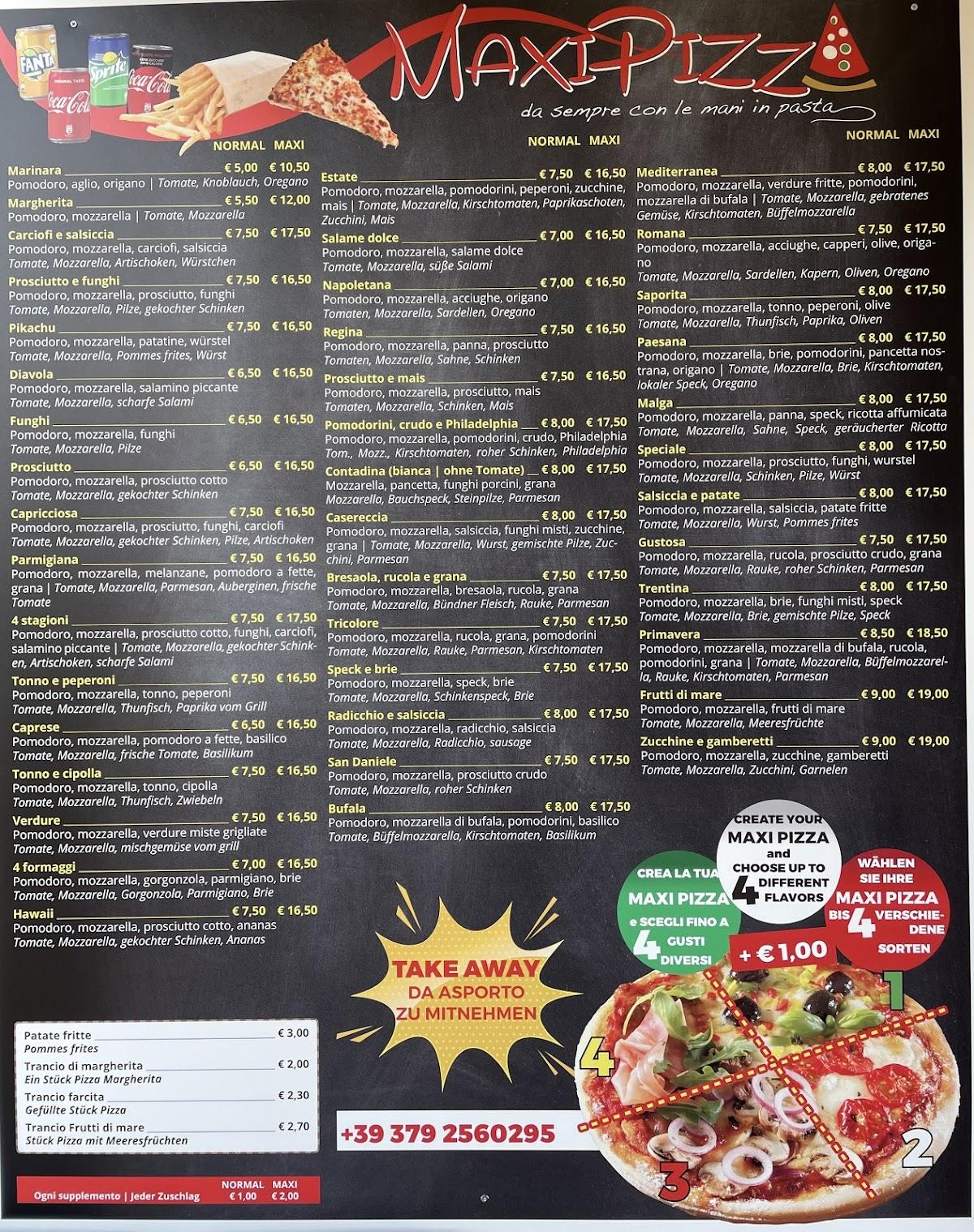 Menu at Maxi Pizza restaurant, Bibione, Via Giacomo Puccini