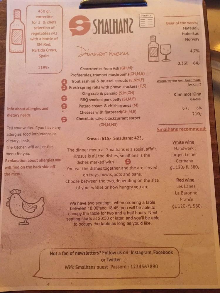 Menu at Smalhans restaurant, Oslo