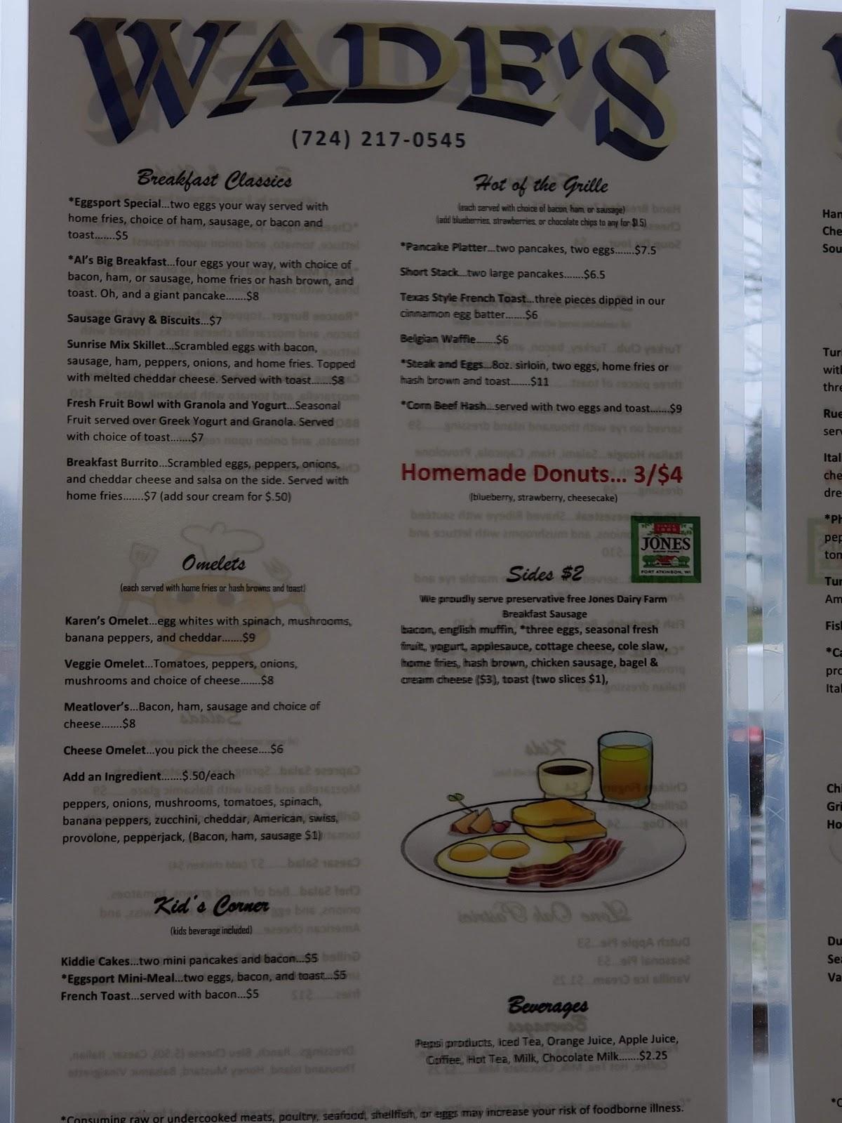 Menu at Wade's breakfast and grille restaurant, Export