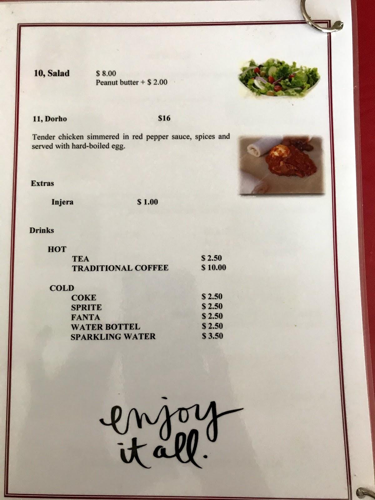 Menu at Adulis restaurant, Woodville