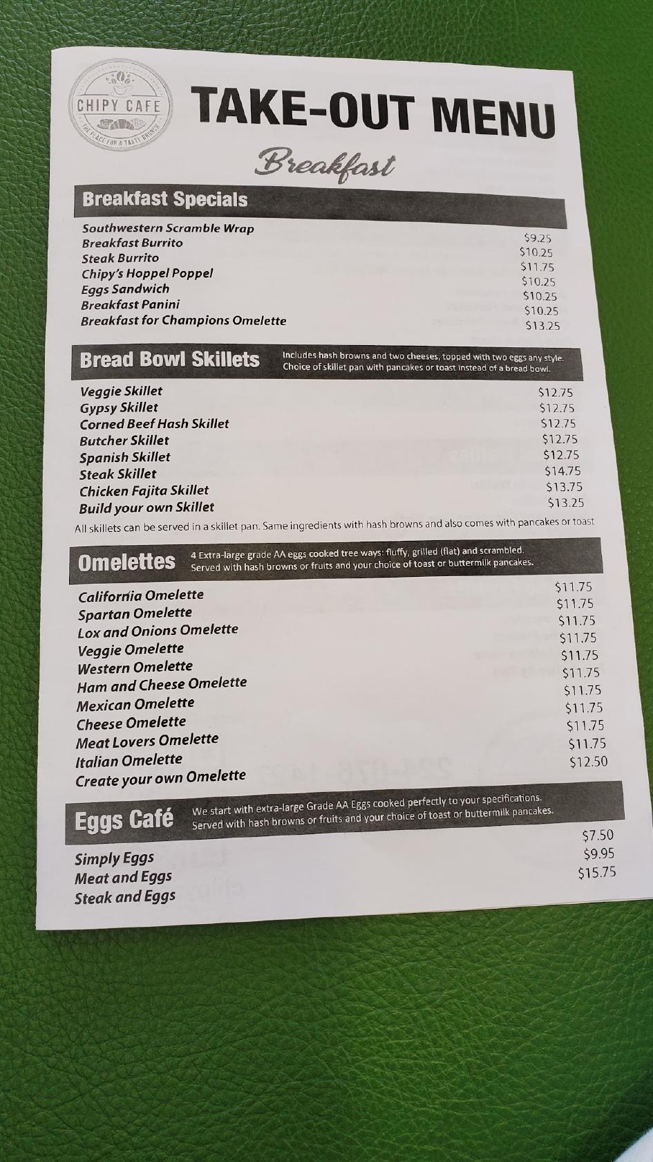 Menu at Chipy Cafe, Lincolnshire