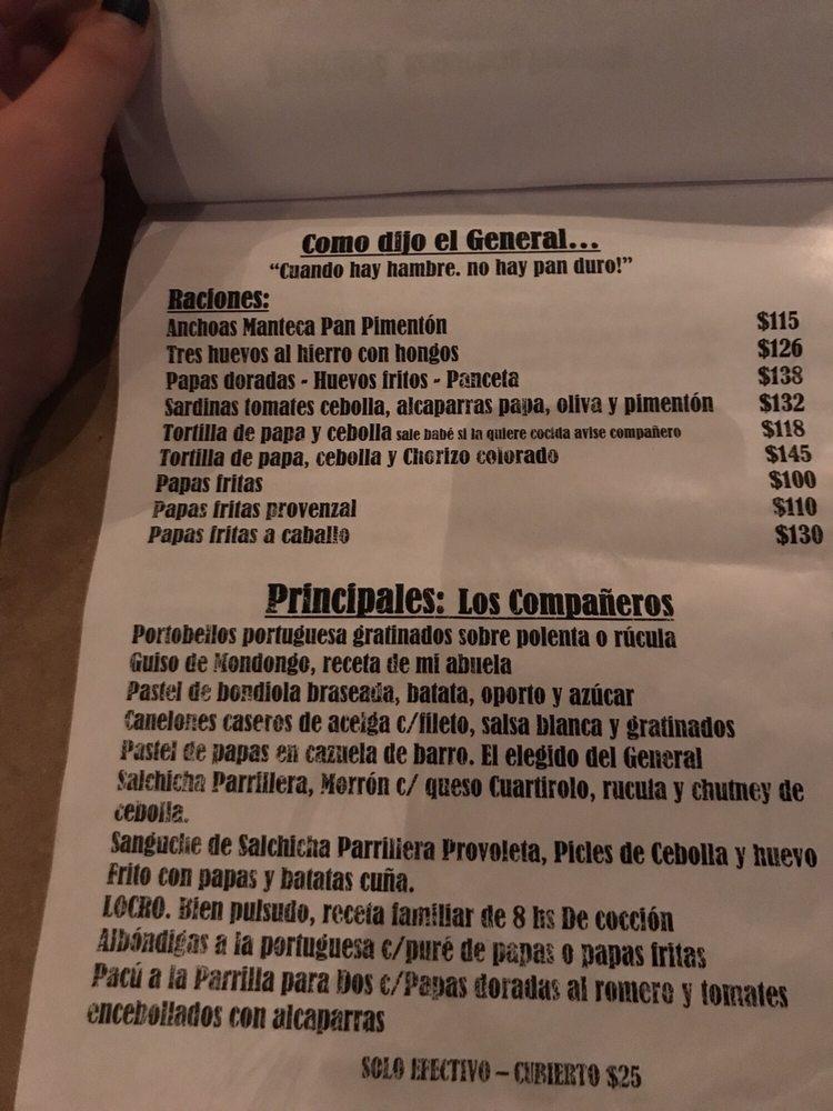 Menu at Perón Perón RestoBar, Buenos Aires
