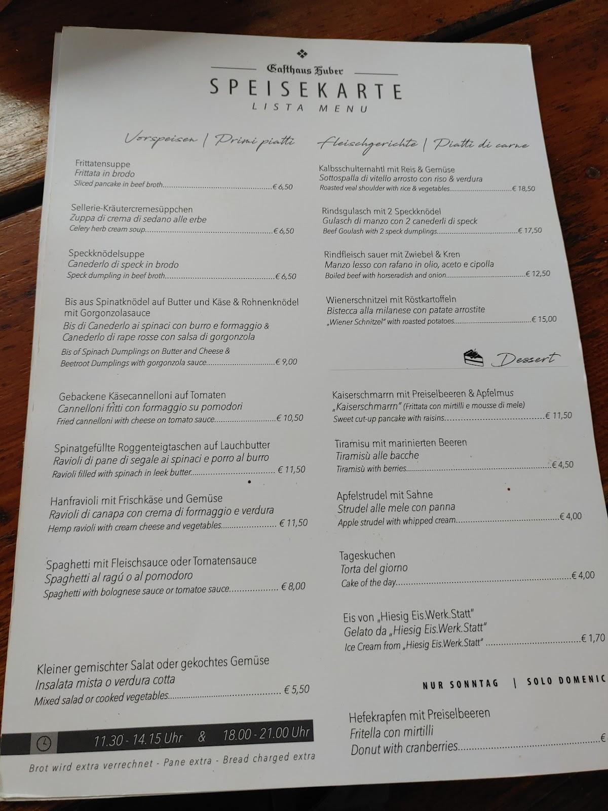 Speisekarte von Gasthaus Huber restaurant, Klausen