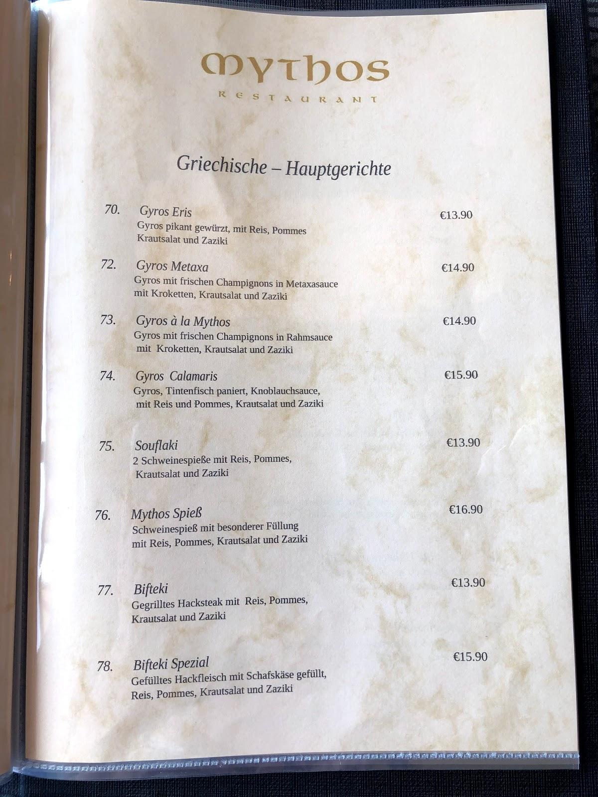 Speisekarte von Mythos - Griechisches Restaurant, Kellenhusen