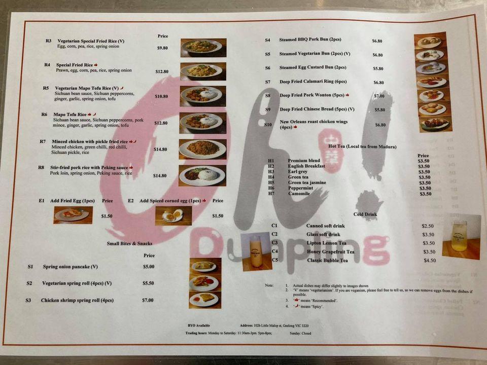 Menu at Oh Dumpling restaurant, Geelong