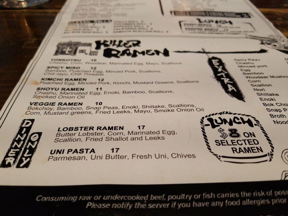 Menu at Piranha Killer Ramen restaurant, Arlington, 309 Curtis Mathes ...