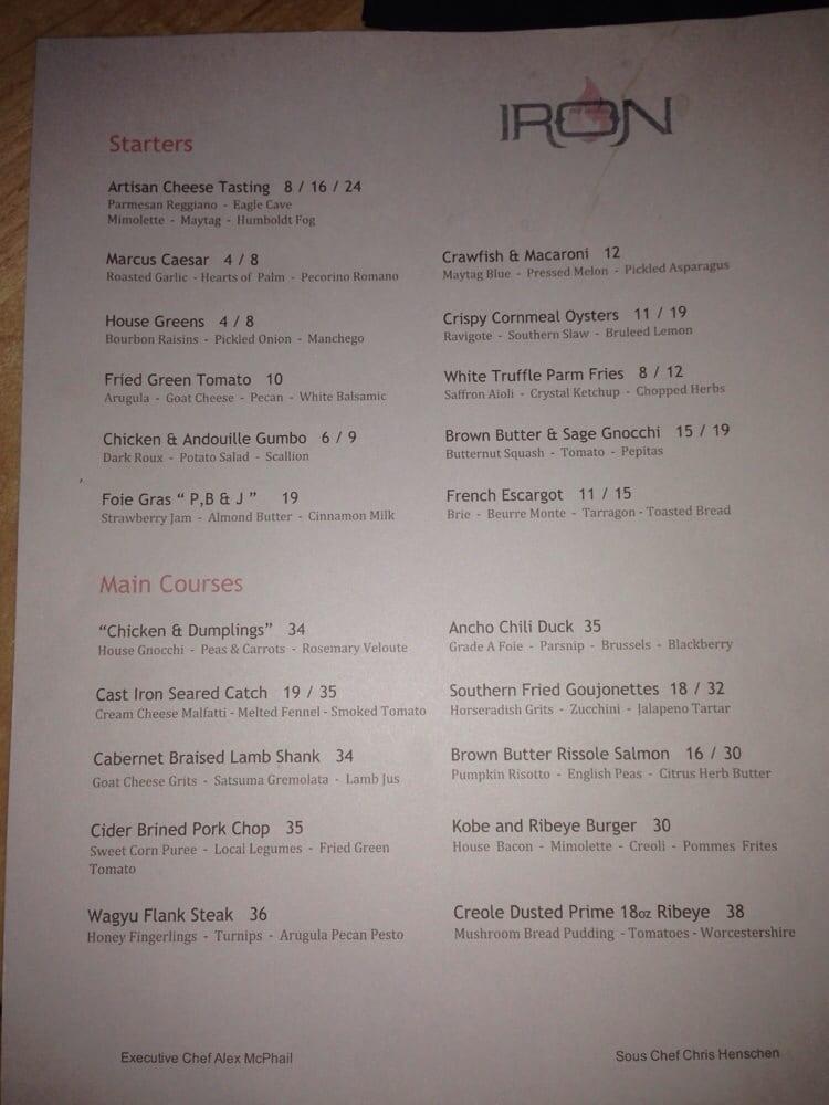 Menu at Restaurant Iron, Pensacola
