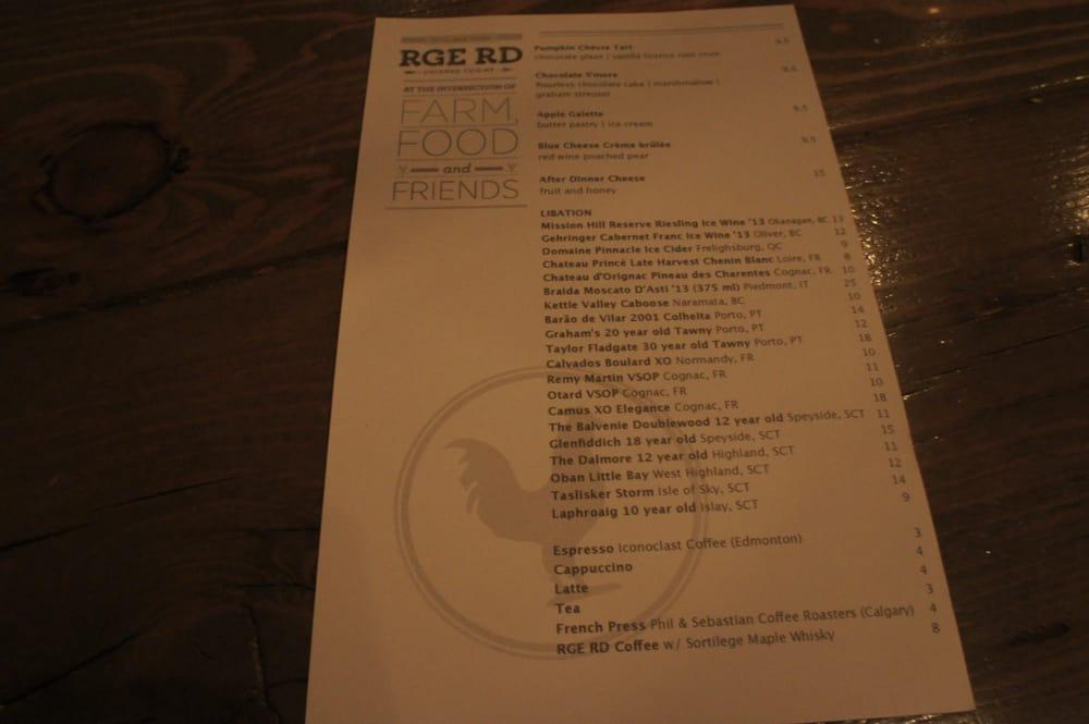 Menu at Rge Rd restaurant, Edmonton