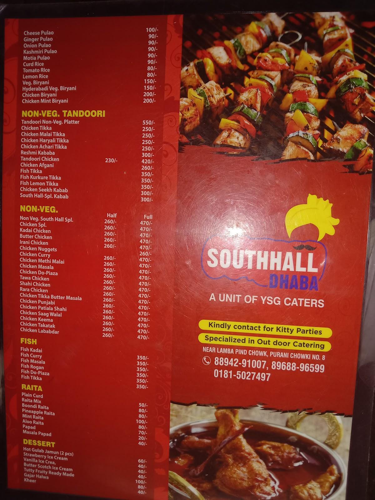 Menu at South Hall Dhaba, Jalandhar