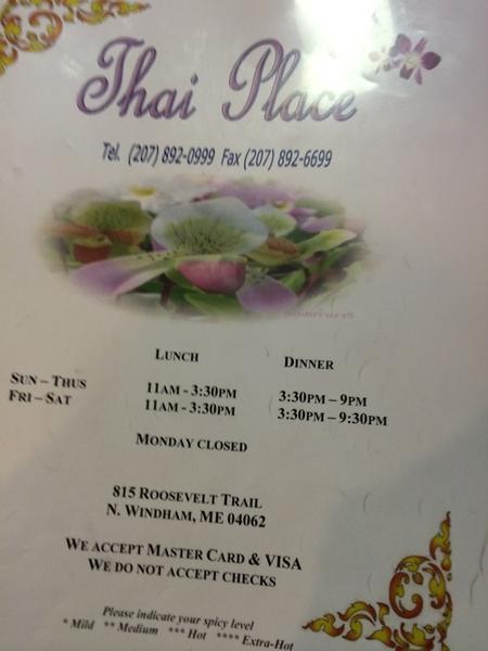 Menu at Thai Place restaurant, Windham