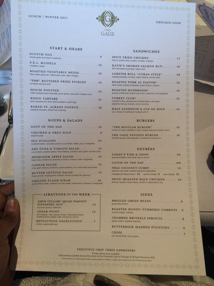 Menu at The Gage pub & bar, Chicago
