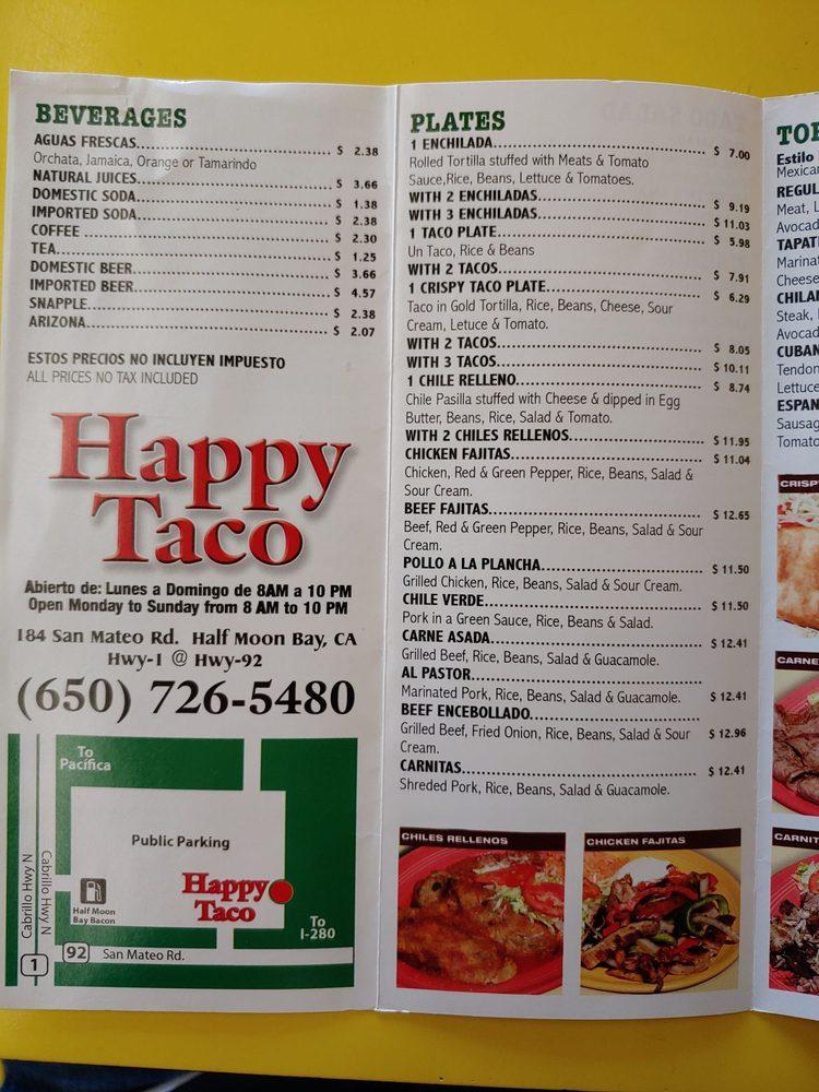 Menu at The Happy Taco Taqueria restaurant, Half Moon Bay