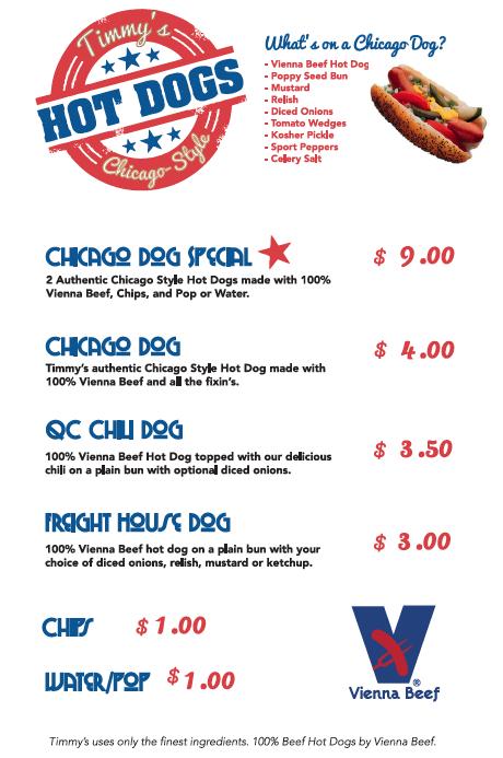Menu at Timmy's Chicago Style Hot Dogs, Davenport