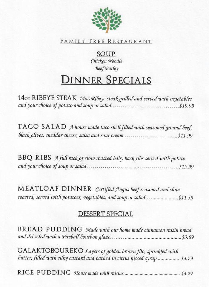 Menu at Family Tree restaurant, Buffalo, Bailey Ave
