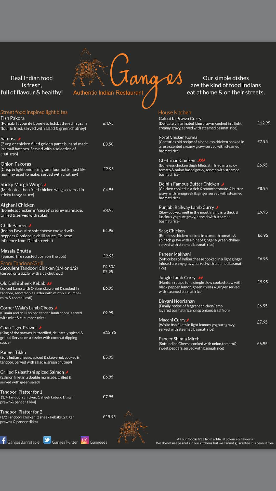 Menu at The Ganges restaurant, Barnstaple