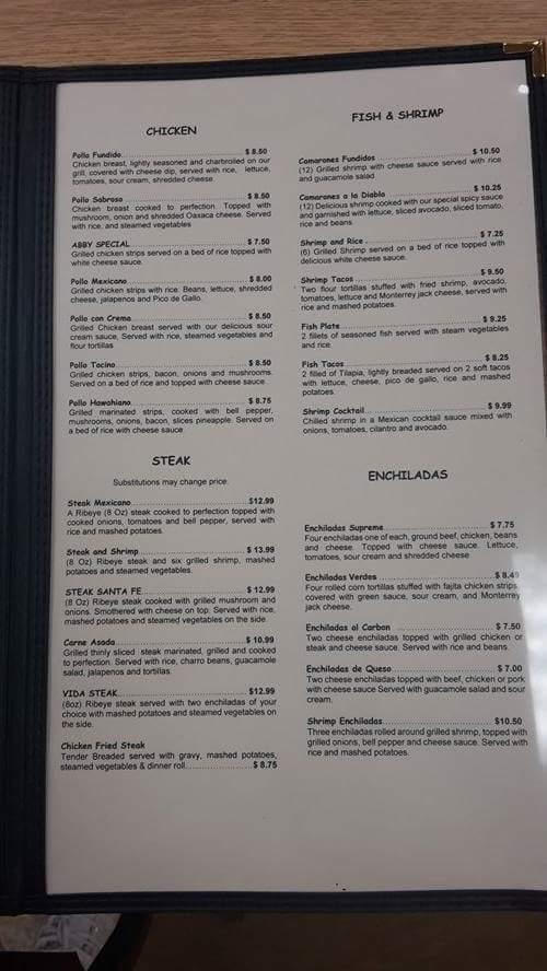 Menu at Santa Fe Mexican Grill steakhouse, Little Rock