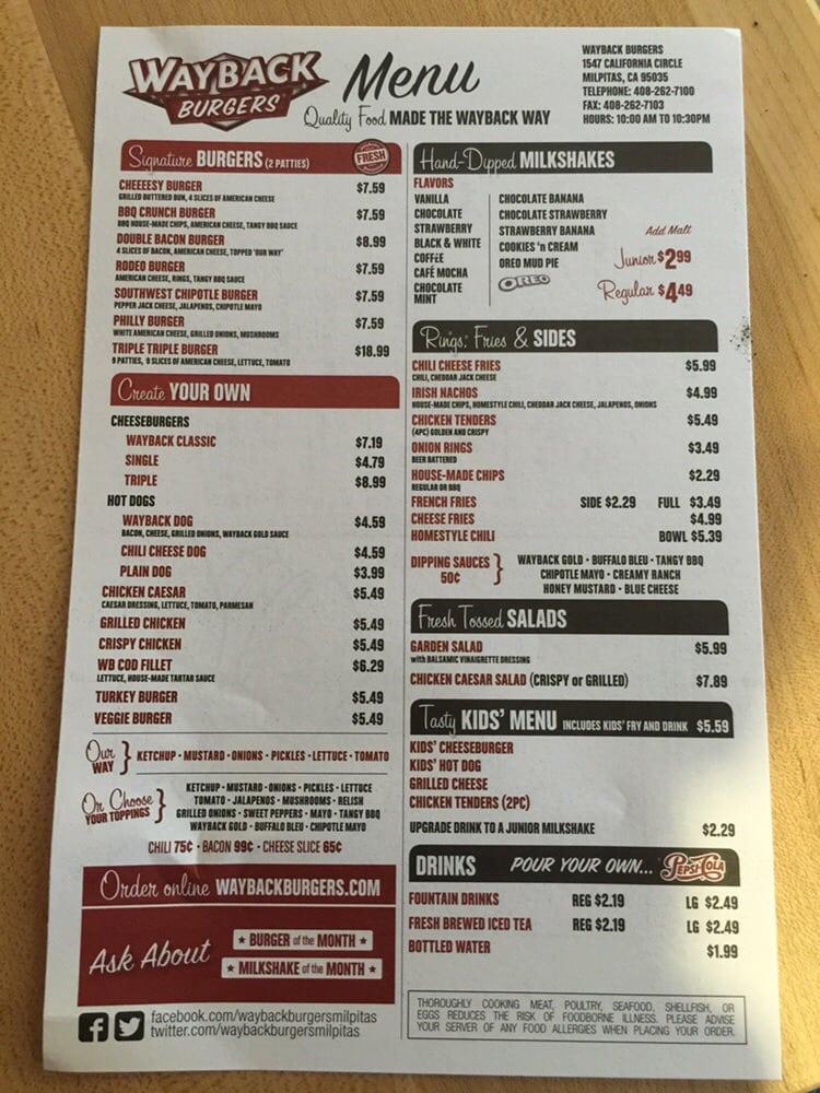 Menu at Wayback Burgers restaurant, Milpitas