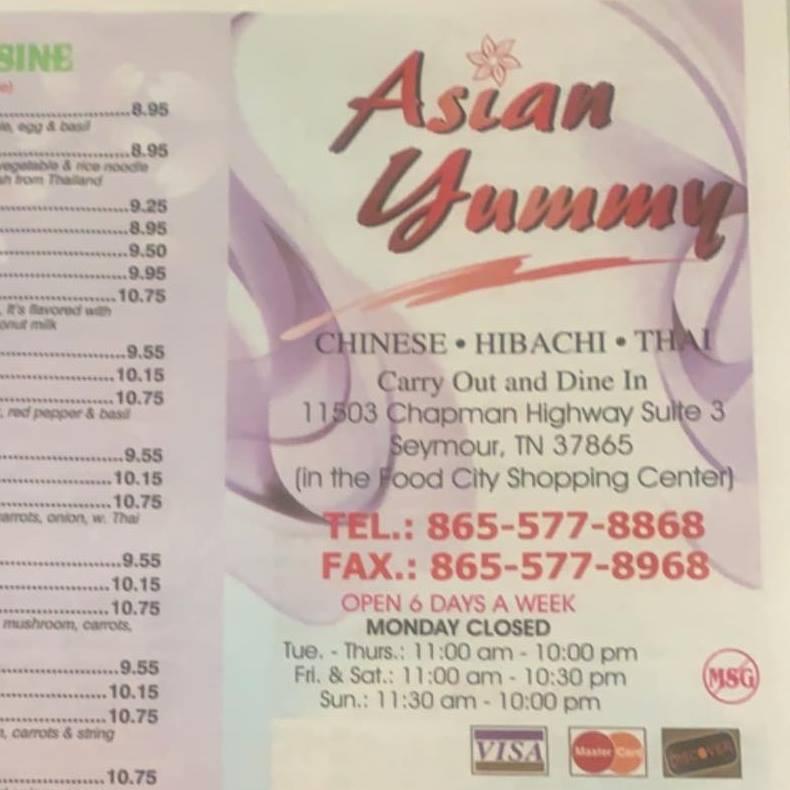 Menu at Asian Yummy restaurant, Seymour