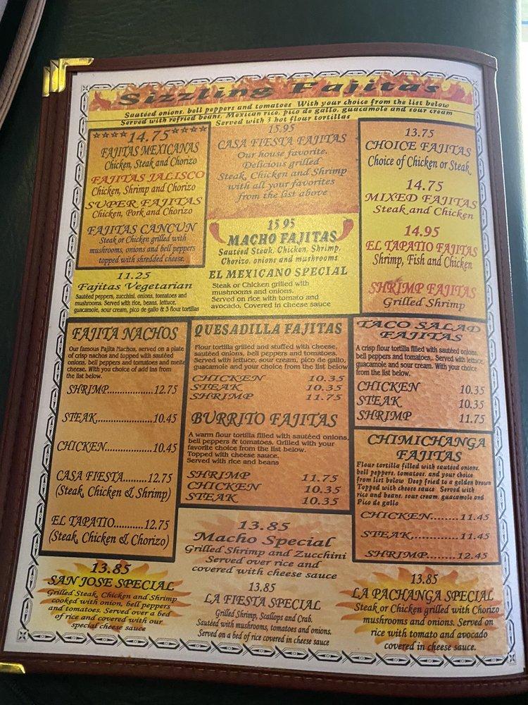 Menu at Casa Mexico restaurant, Burlington