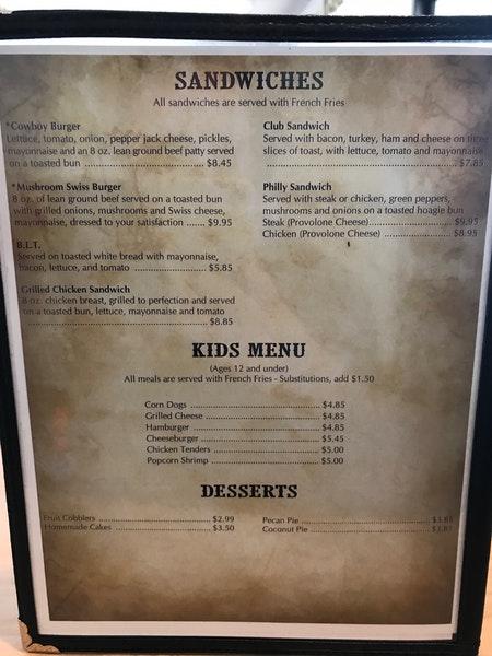 Menu at Cowboy Restaurant, Elkin