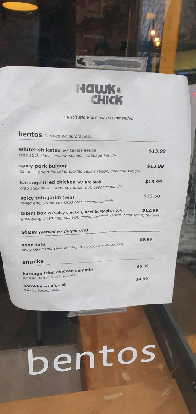 Menu at Hawk & Chick fast food, Toronto