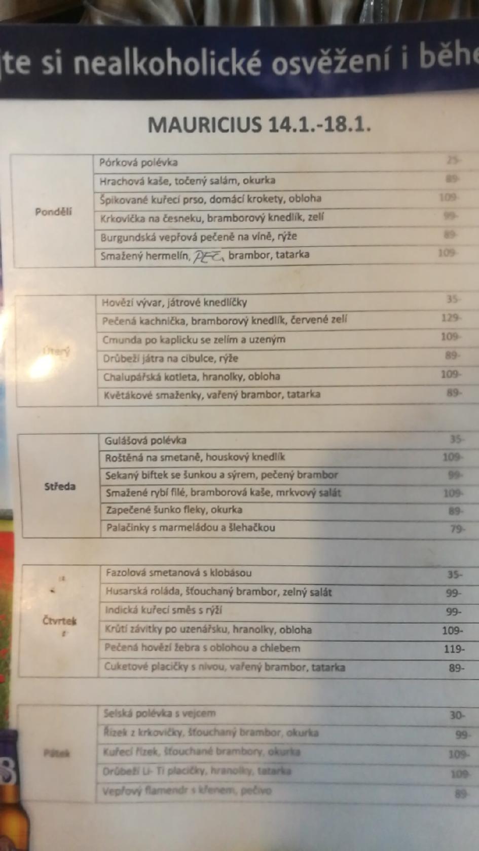 Menu at Mauritius restaurant, Ceske Budejovice