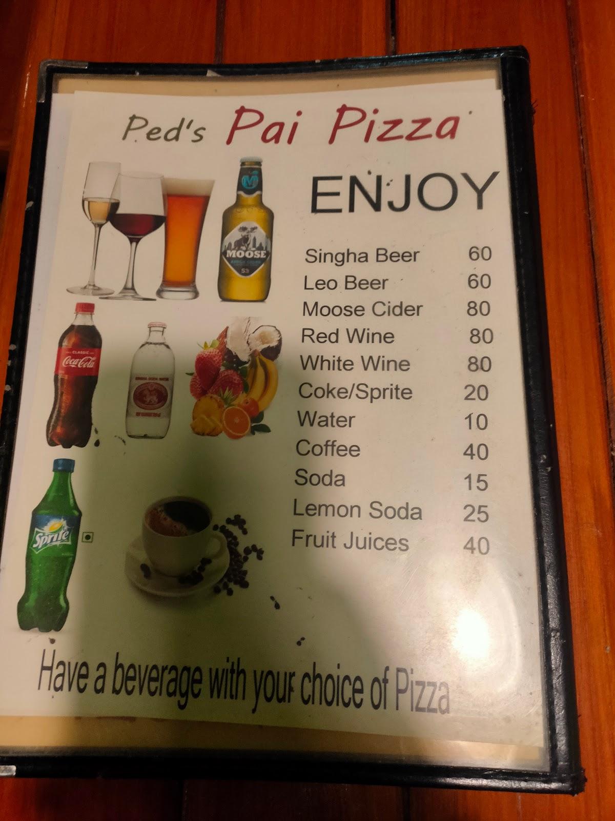 Menu at Ped's Pai Pizza restaurant, Pai