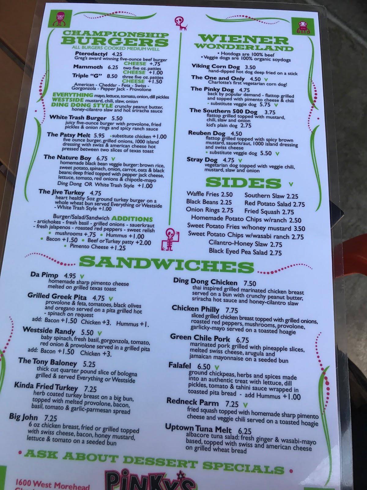 Menu at Pinky's Westside Grill pub & bar, Charlotte, W Morehead St