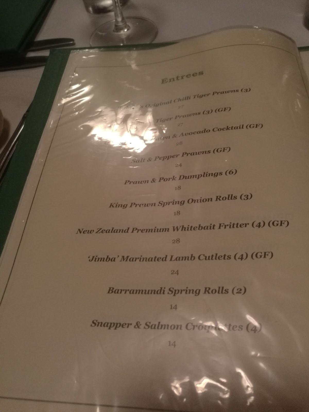 Menu at Rubira's restaurant, Port Melbourne