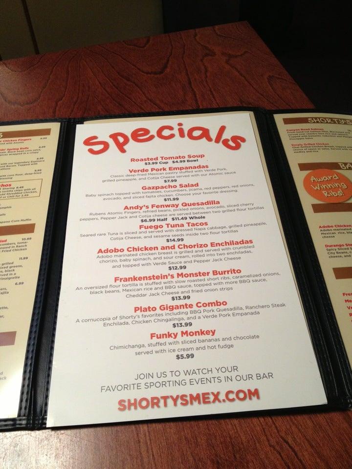 Menu at Shorty's Mexican Roadhouse pub & bar, Manchester, Bicentennial Dr