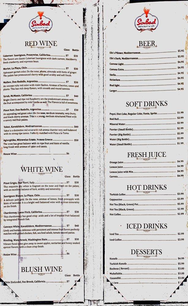 Menu at Sinbad Restaurant, Boca Raton