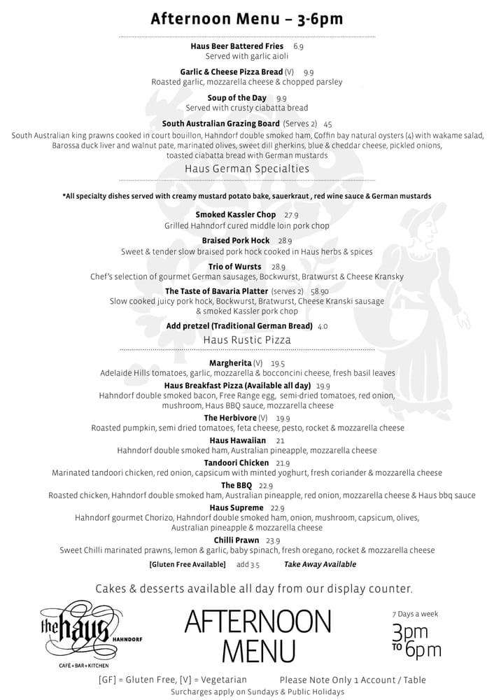 Menu at The Haus Restaurant, Hahndorf, 38A Main St