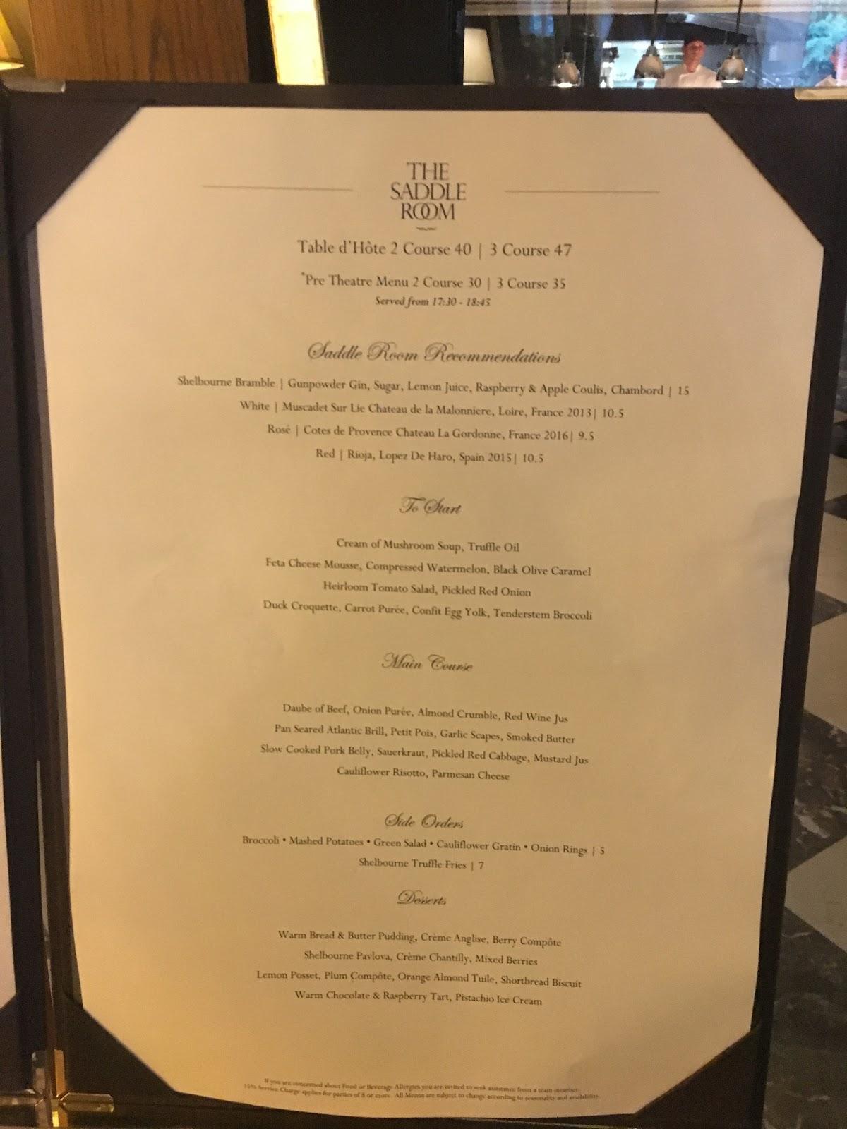 Menu at The Saddle Room restaurant, Dublin