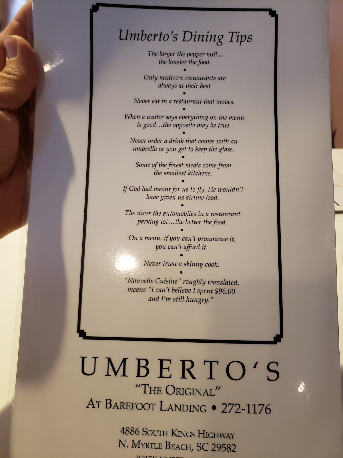 Menu at Umberto's At Barefoot Landing, North Myrtle Beach, Hwy 17