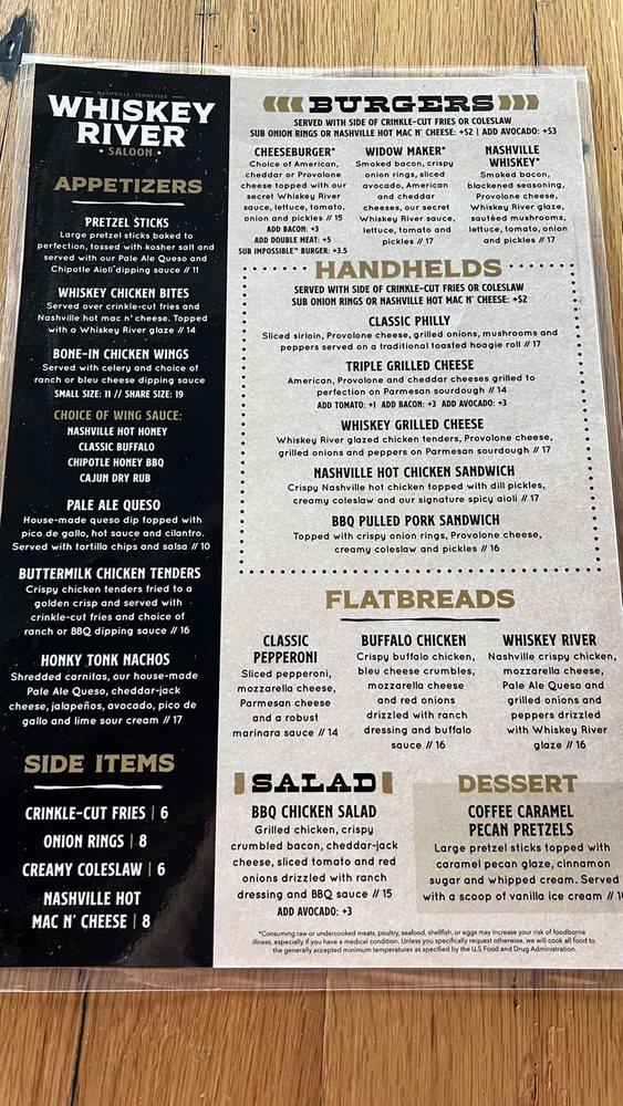 Menu at Whiskey River Saloon pub & bar, Nashville