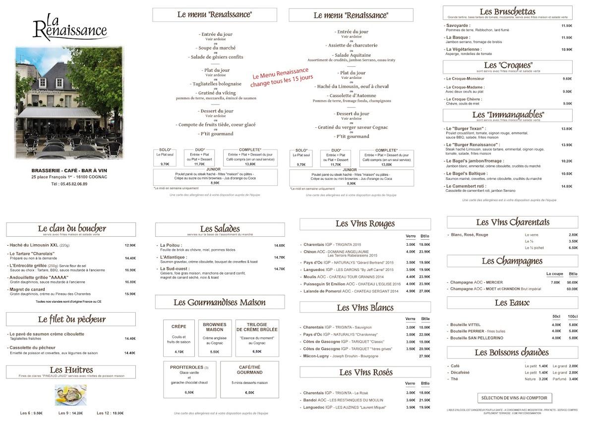 Menu au Brasserie La Renaissance restaurant, Cognac