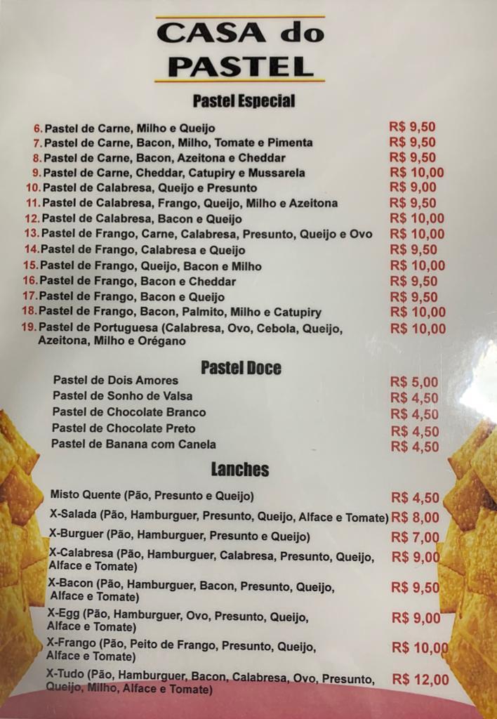Menu em Casa do Pastel cafeteria, Quatro Barras