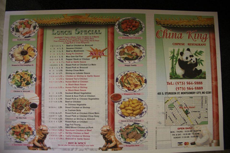 Menu at Lins China King restaurant, Montgomery City