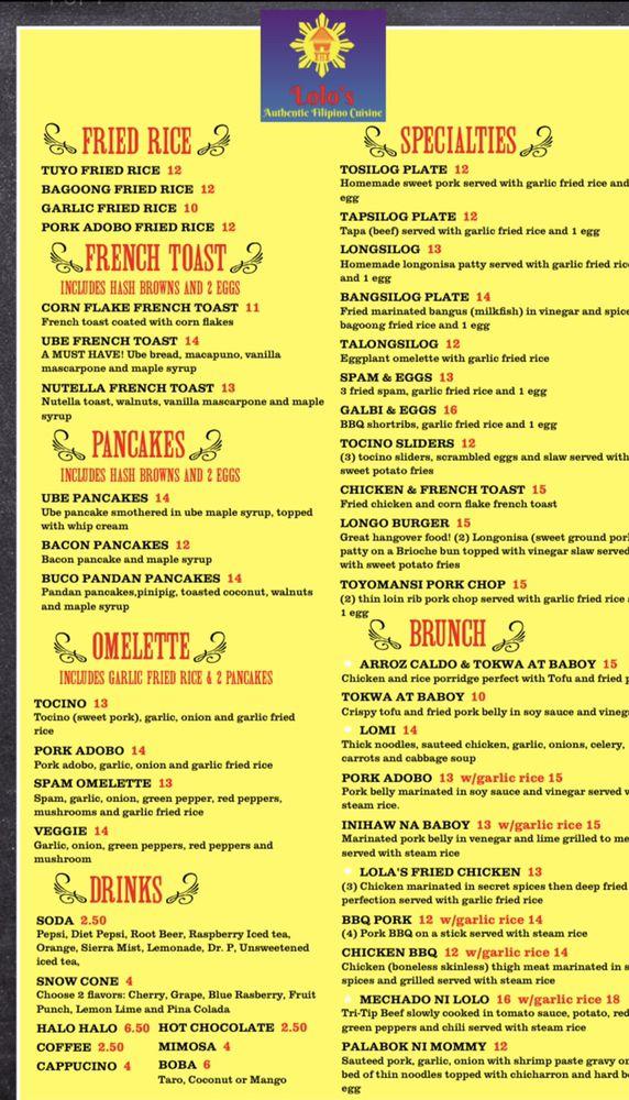 Menu at Lolo's Authentic Filipino Cuisine restaurant, Reno